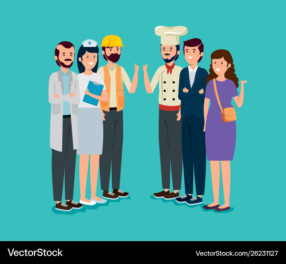 Man doctor with nurse and builder with chef Vector Image