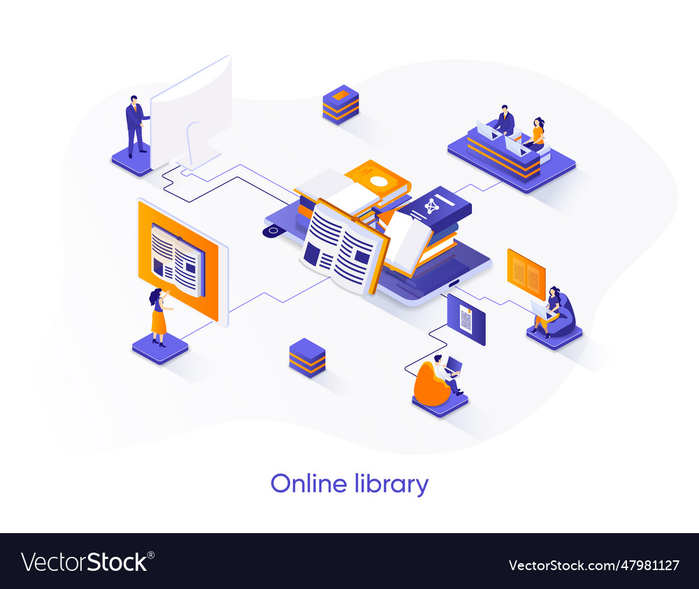 Online library isometric web banner e-library Vector Image