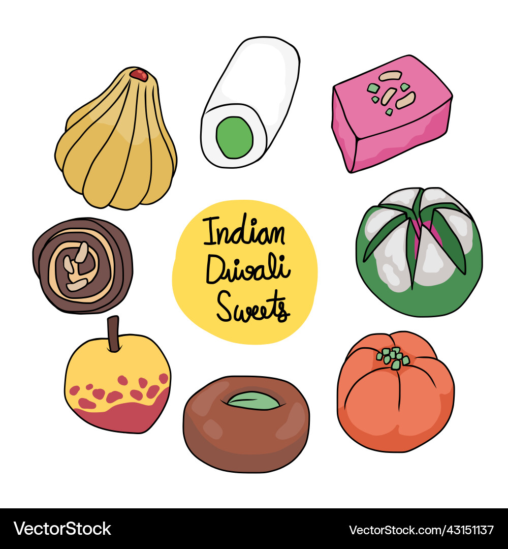 Indian diwali desserts drawing set Royalty Free Vector Image