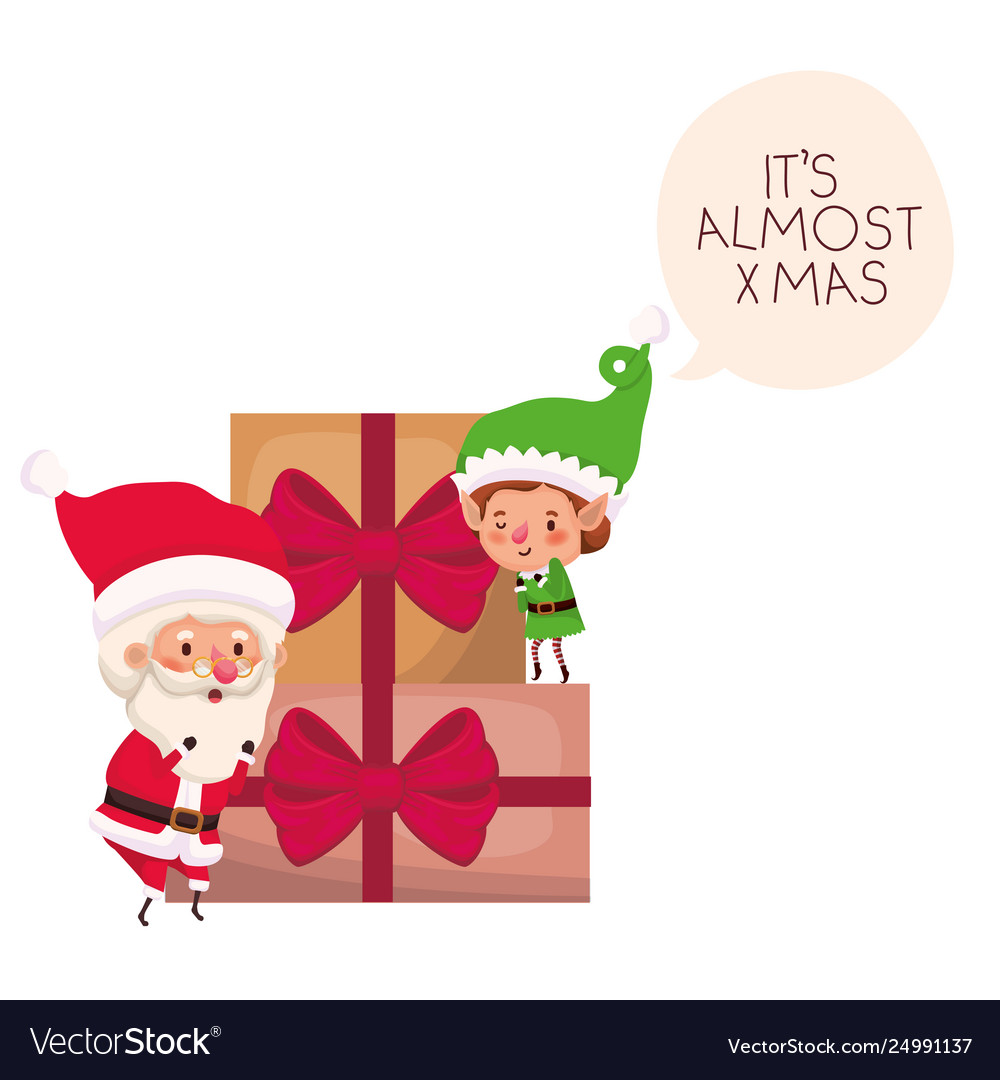 Santa claus and elf with gifts boxs Royalty Free Vector