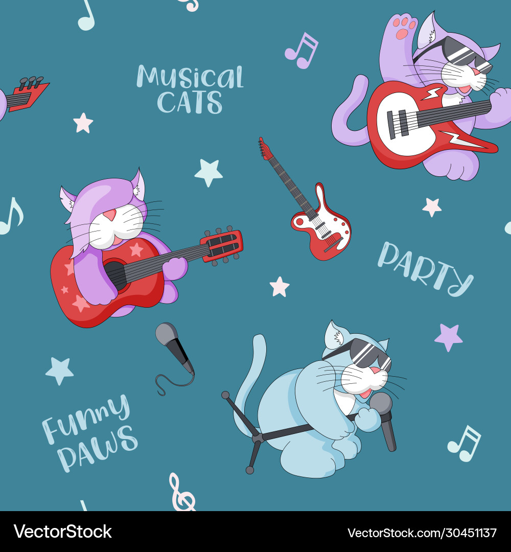 Seamless pattern with cute cartoon musican kittens