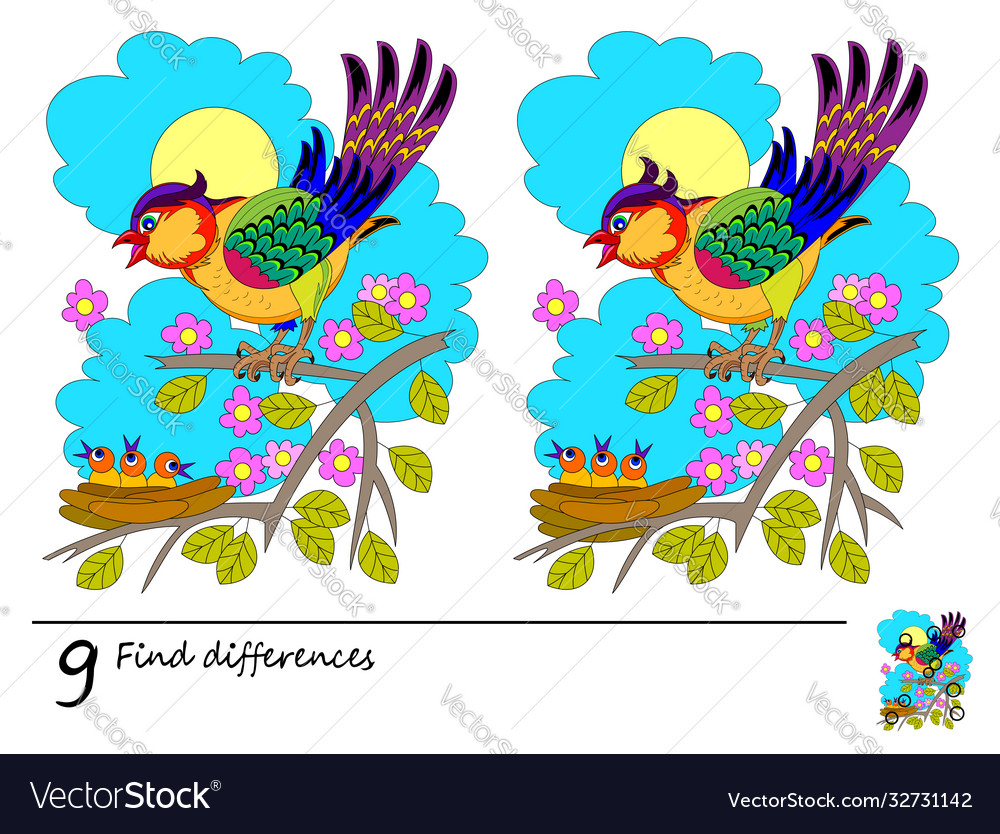 Find 9 differences logic puzzle game for children Vector Image