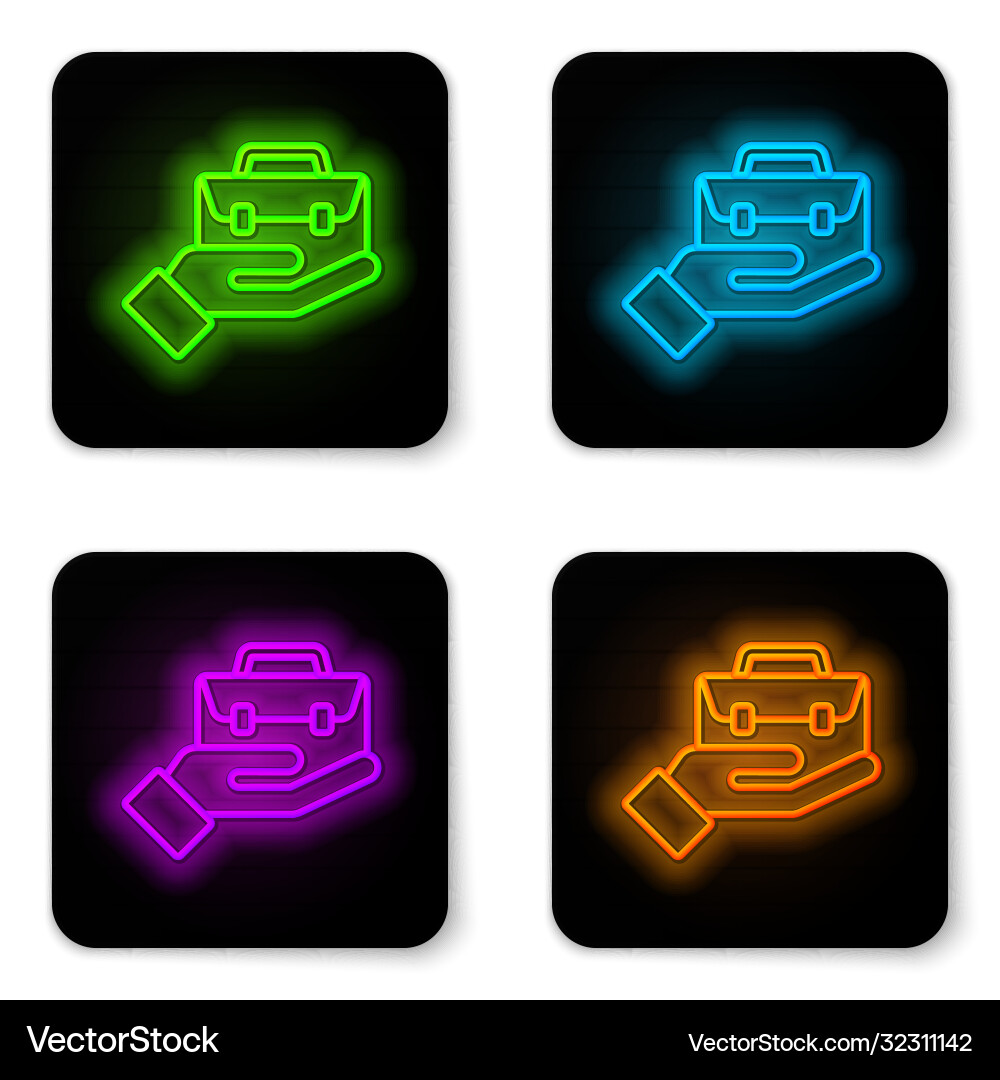 Glowing neon line hand holding briefcase icon Vector Image