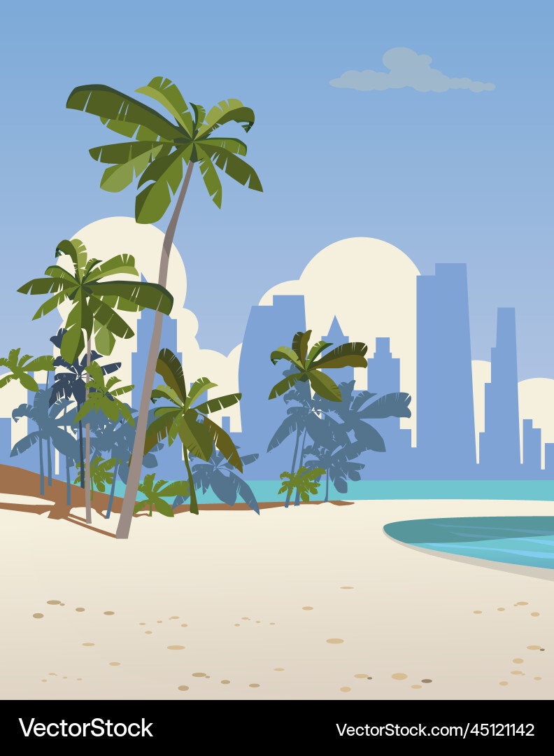 Oceanic beach with palm trees in the background Vector Image
