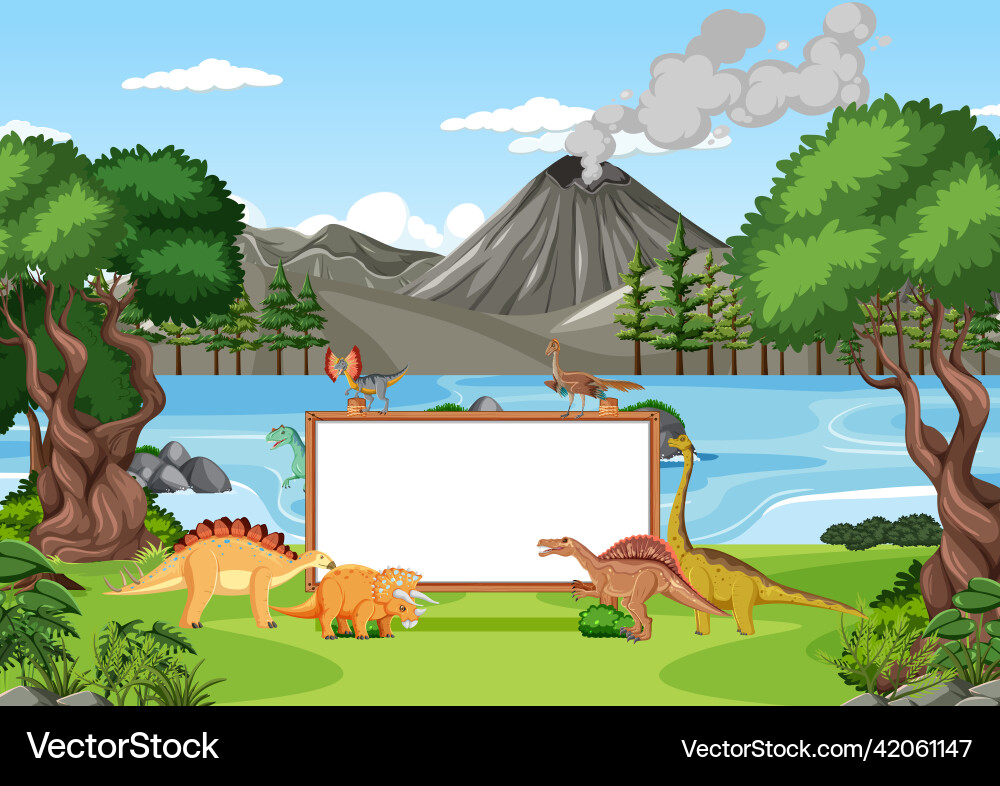 Prehistoric forest with empty board and dinosaur Vector Image