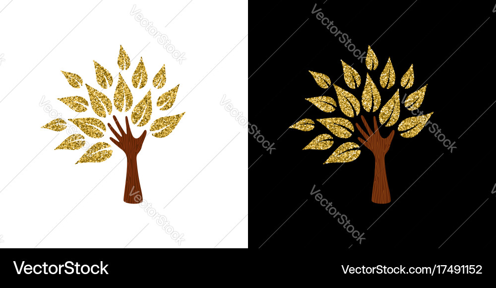 Gold glitter hand tree symbol for nature help Vector Image
