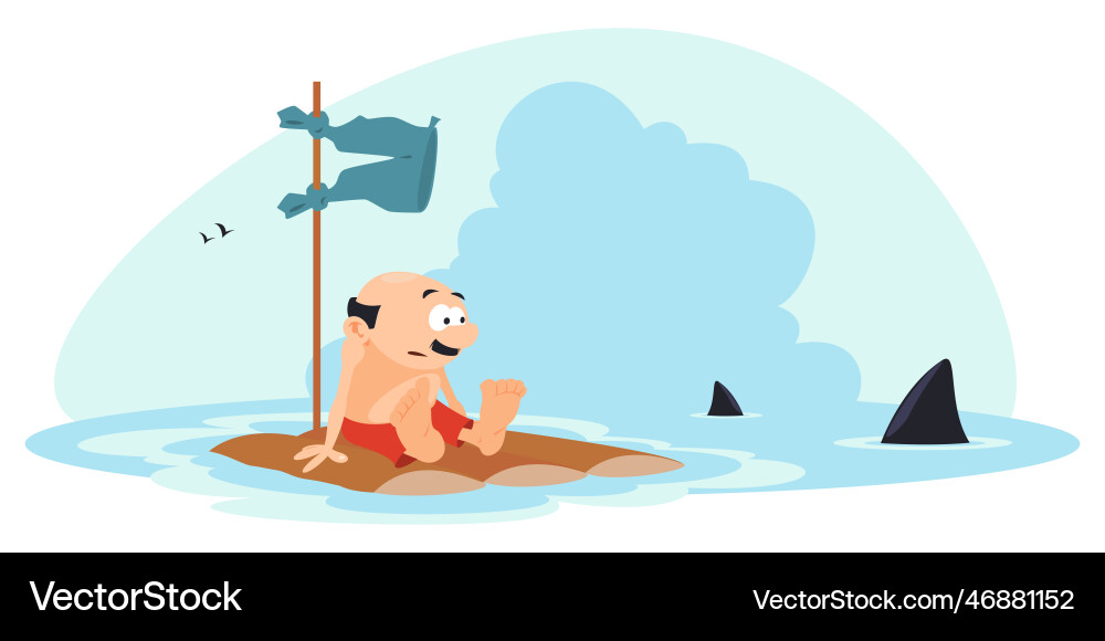 Man on raft surrounded by sharks for internet Vector Image