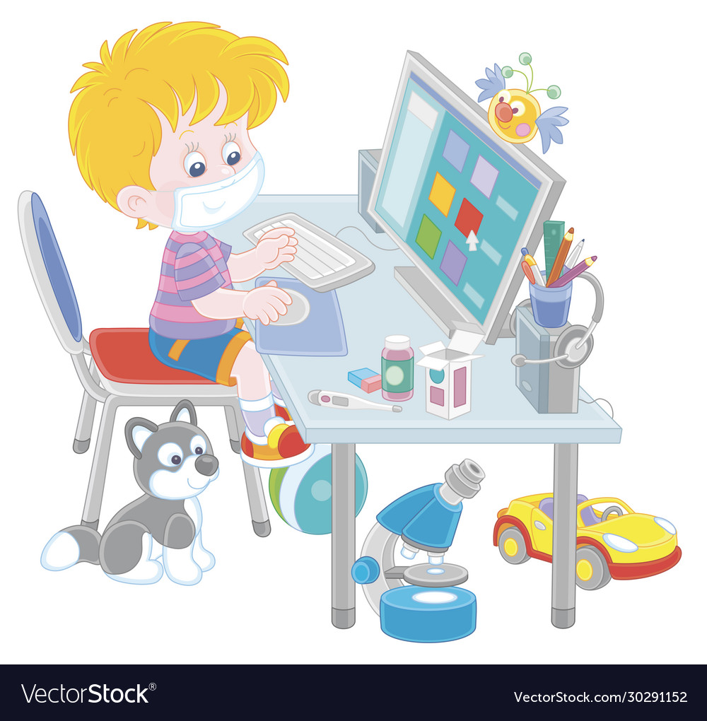 Schoolboy on distance learning in quarantine Vector Image