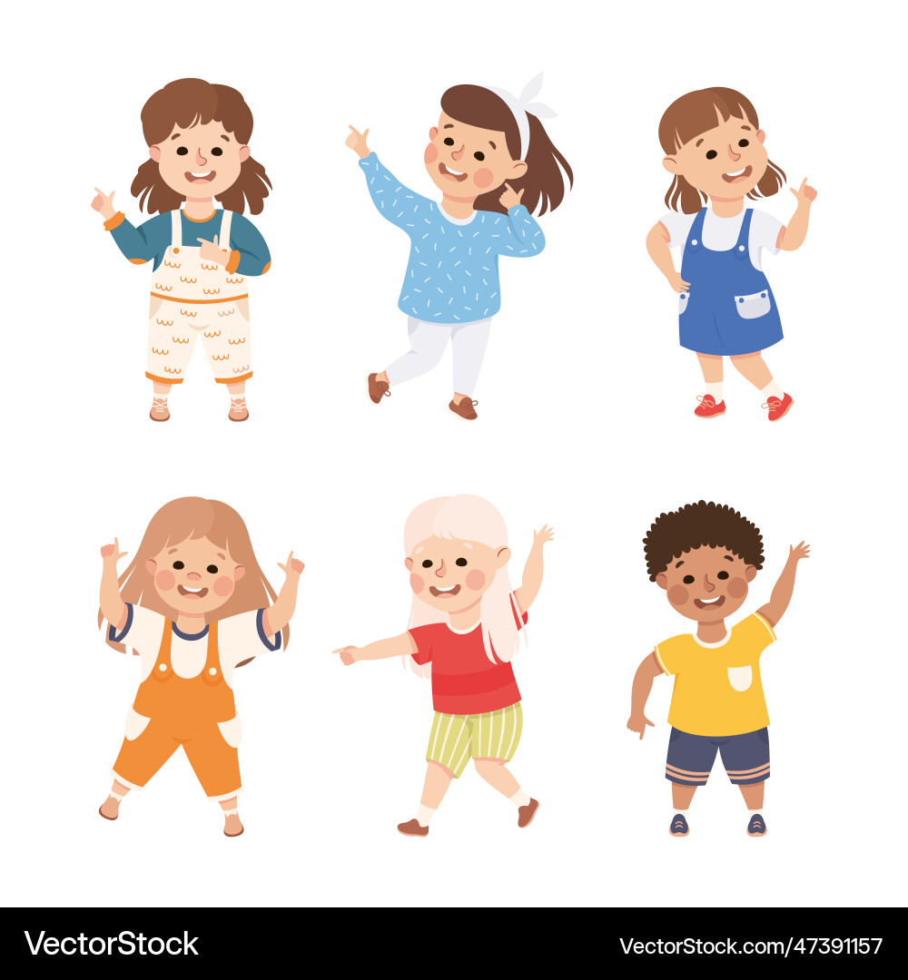 Funny kids pointing at something with extending Vector Image