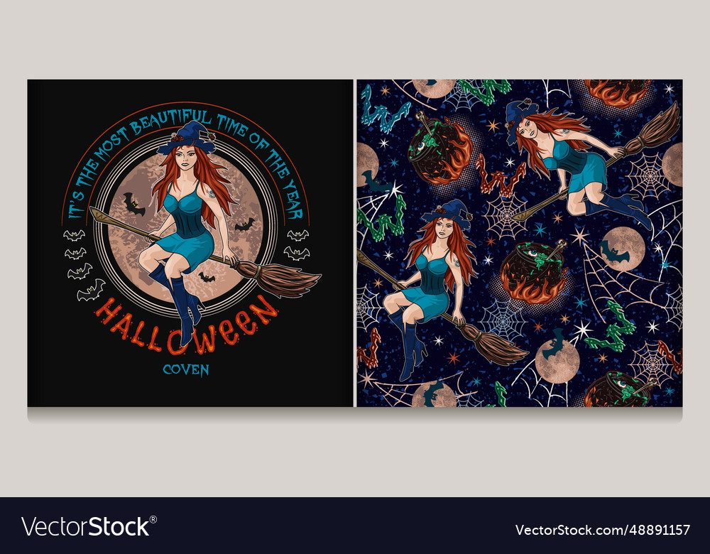 Halloween pattern label with witch flying on broom