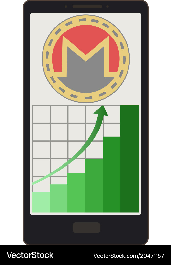 Monero coin with growth graph on a phone screen Vector Image