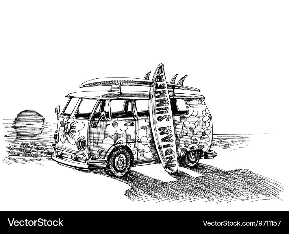 Surf van on beach hand drawn Royalty Free Vector Image