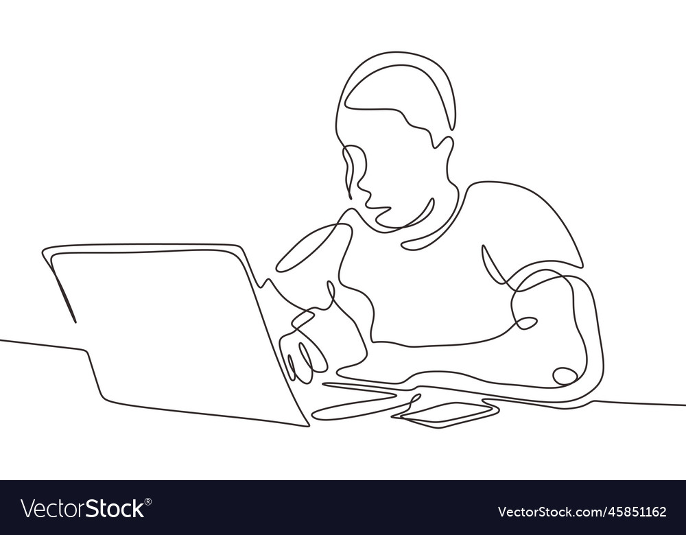 Continuous one line drawing of man with laptop Vector Image