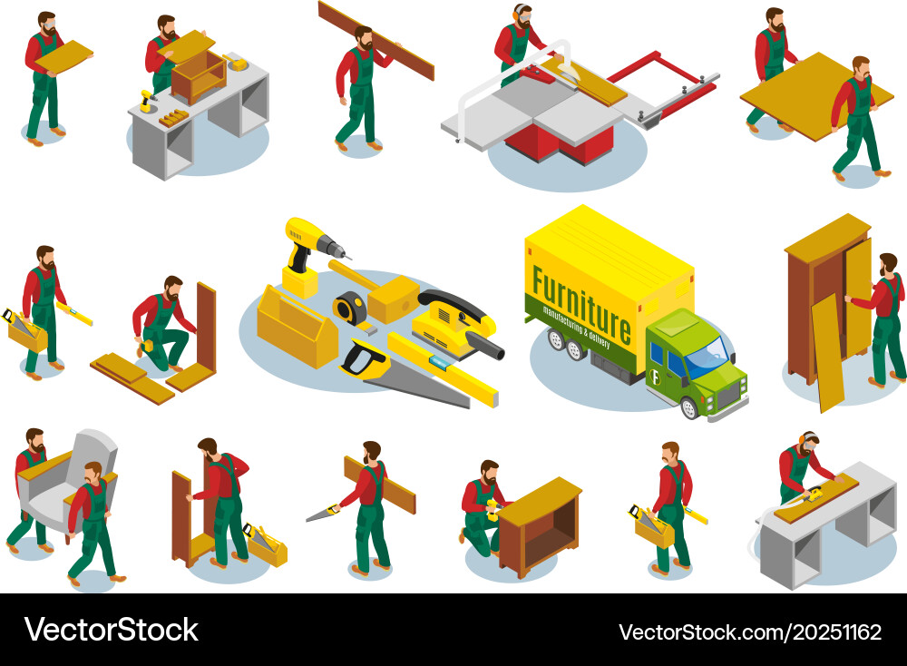Furniture makers isometric icons Royalty Free Vector Image