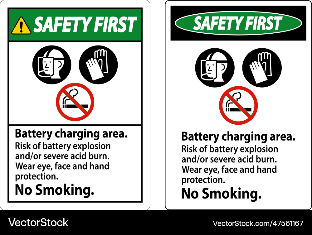Safety first sign battery charging area risk Vector Image