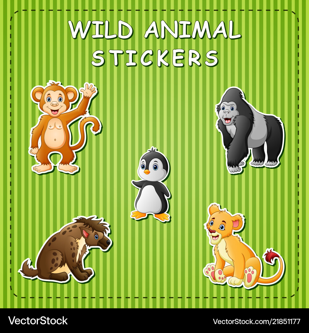 Cute cartoon wild animals on sticker Royalty Free Vector