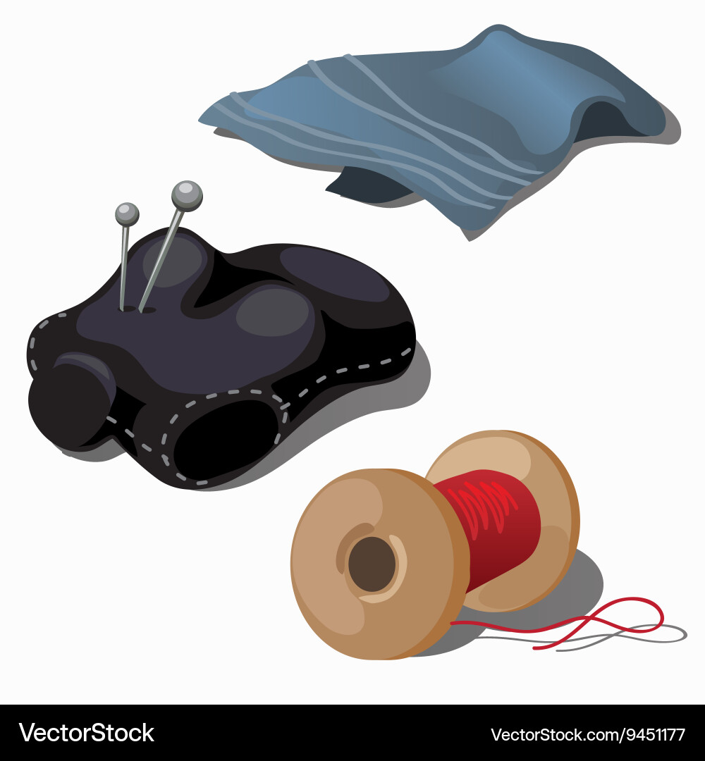 Fabric pincushion and red thread set seamstress Vector Image