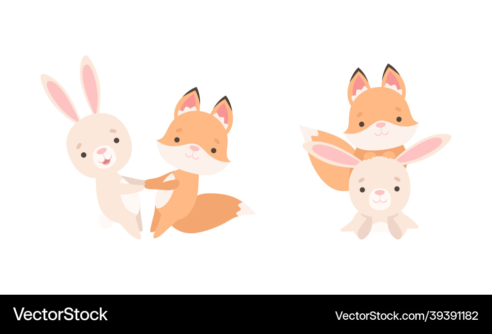 Pretty little bunny and fox cub playing together Vector Image