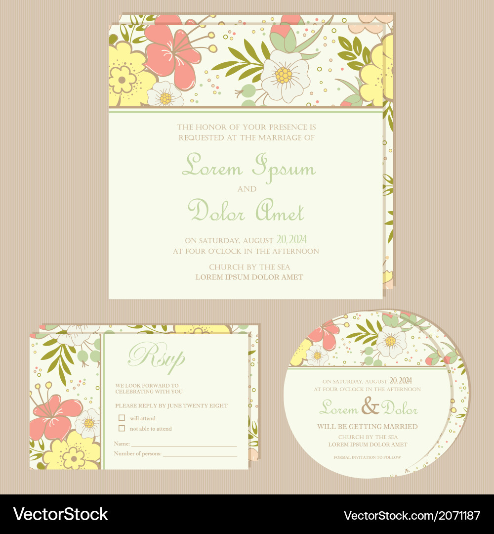 Floral wedding invitation set Royalty Free Vector Image