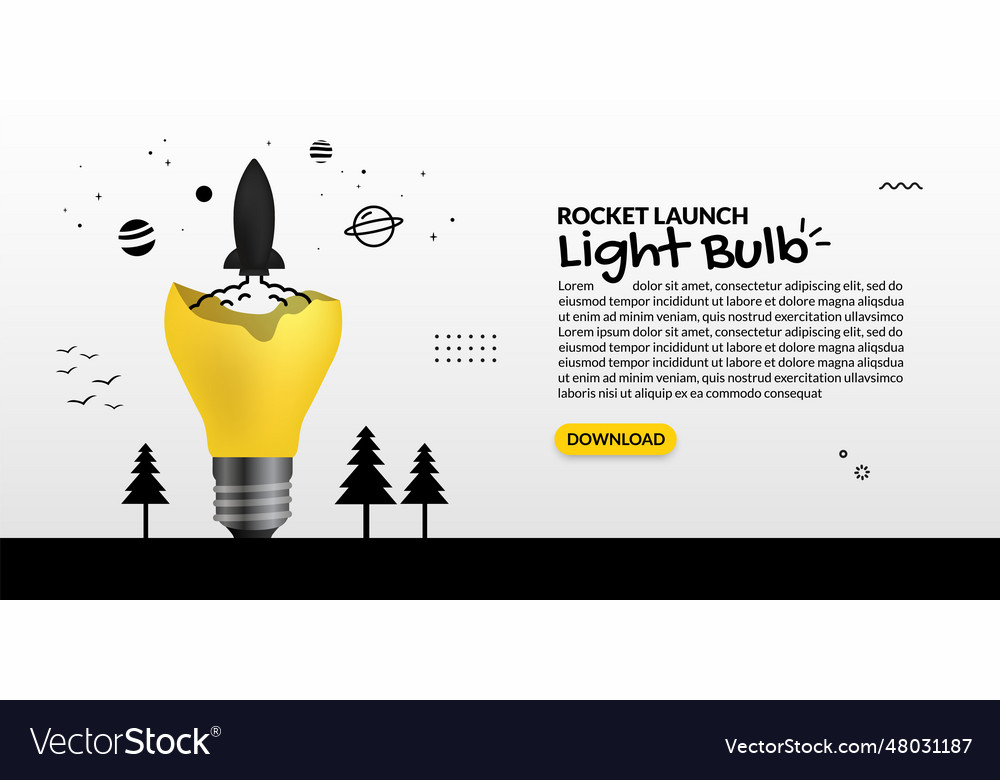 Spaceship launching out from light bulb on white Vector Image