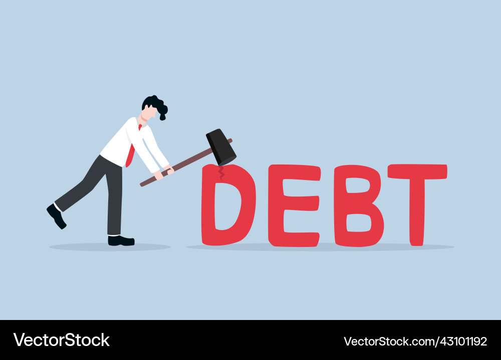 Businessman using hammer to destroy word debt Vector Image