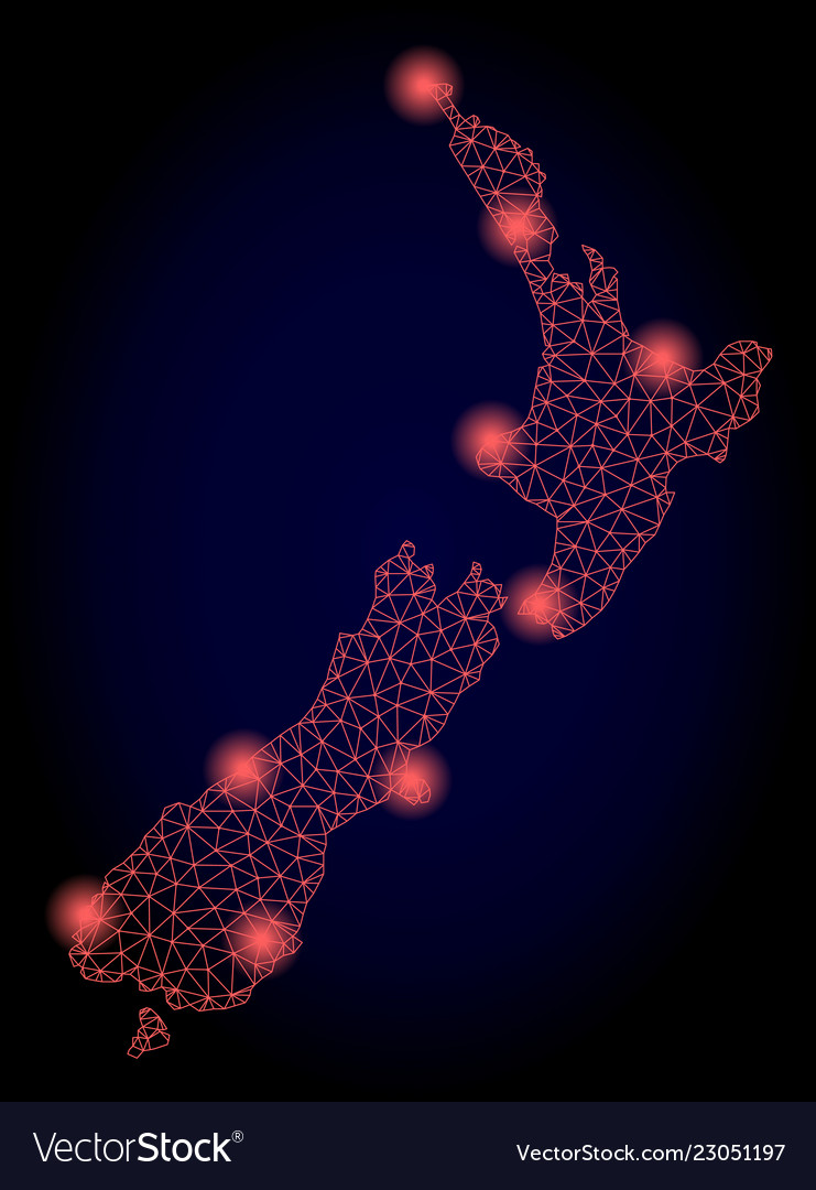 Polygonal network mesh map of new zealand with red Polygonal network mesh map of new zealand with red