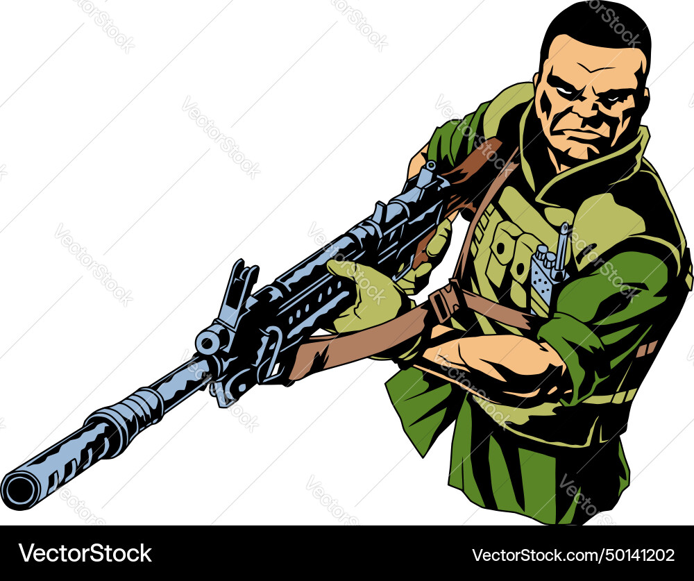Angry military soldier with machine gun Royalty Free Vector
