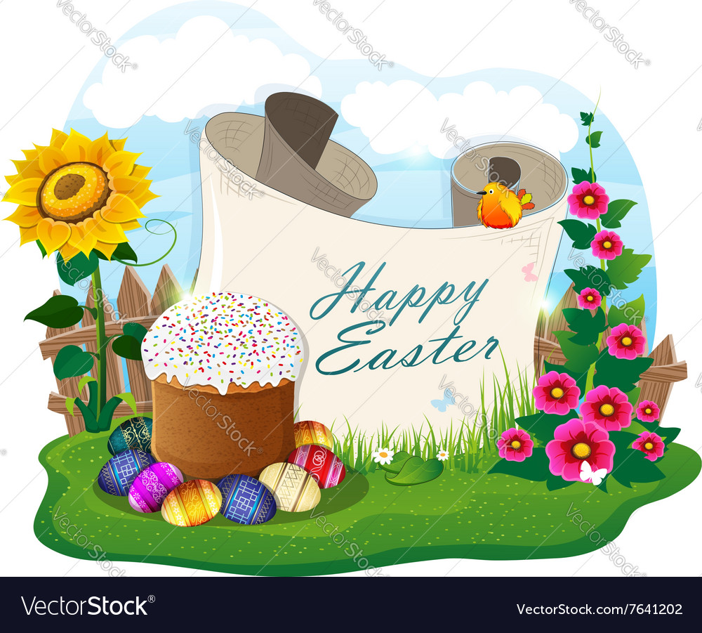Easter bread and painted eggs paper scroll Vector Image