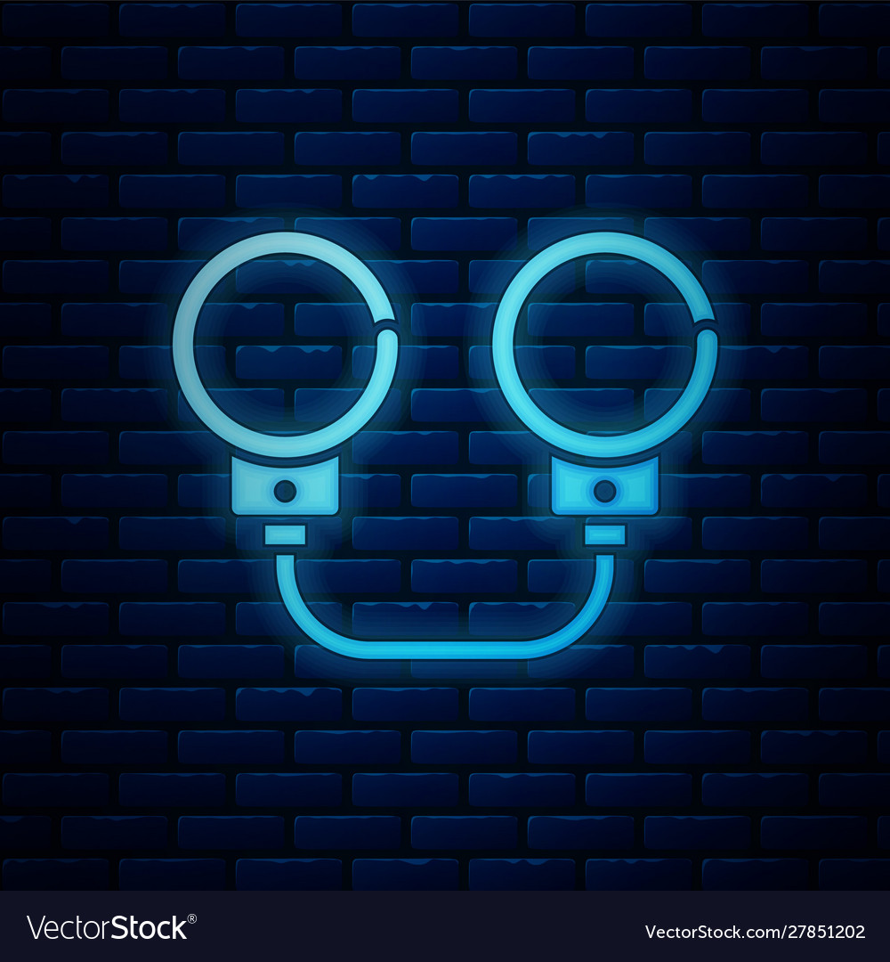 Glowing Neon Handcuffs Icon Isolated On Brick Wall