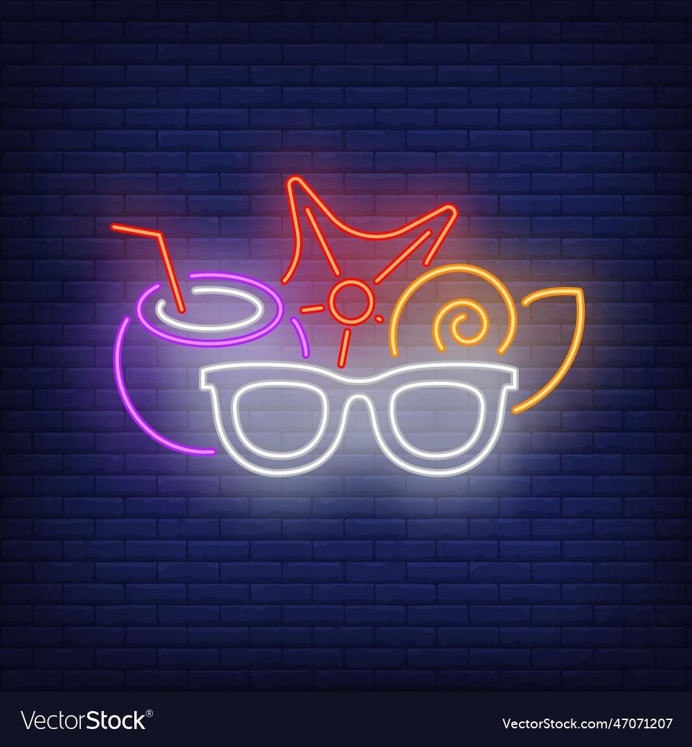 Beach Cocktail Sunglasses And Seashell Neon Sign Vector Image