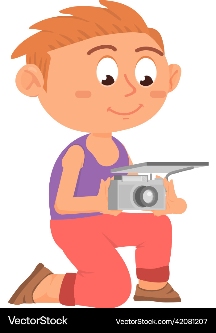 Boy making photo with camera cute smiling kid Vector Image