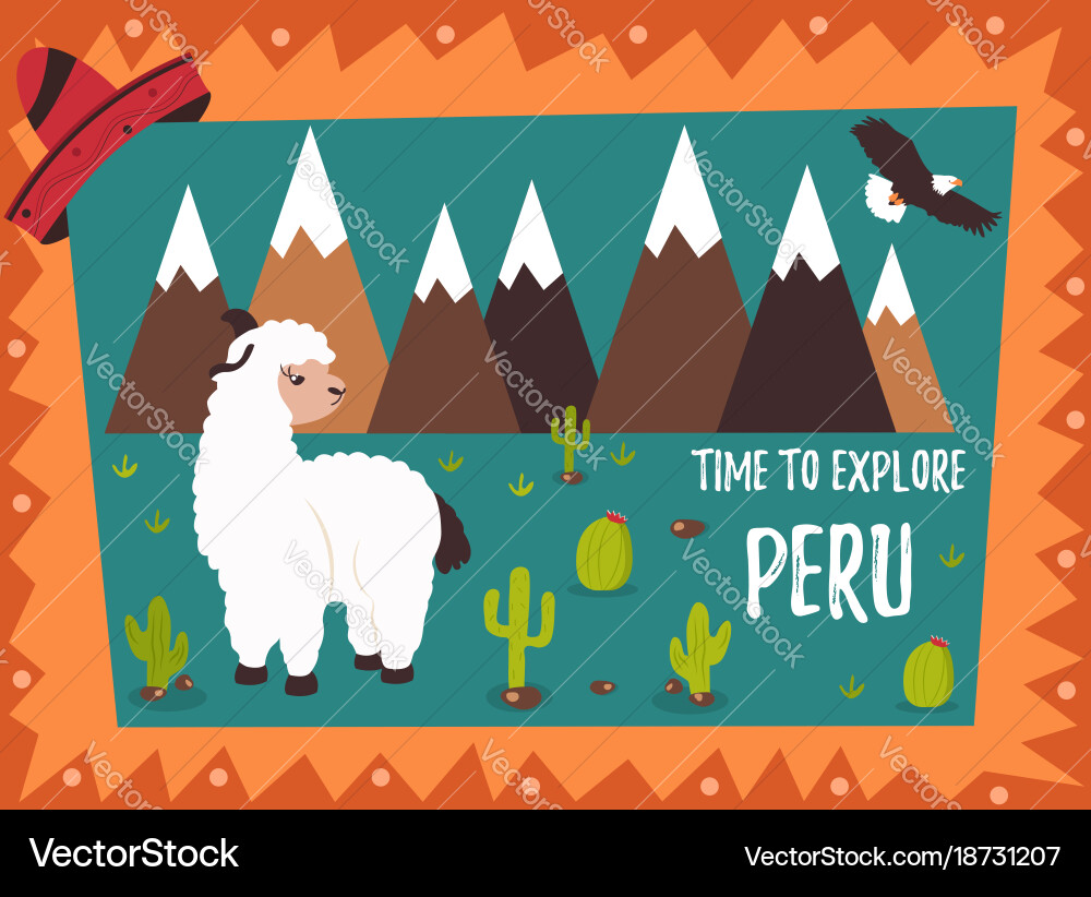Concept poster peru with lama and landmarks Vector Image