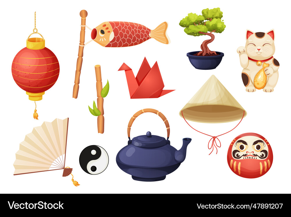Japan set with traditional elements bonsai tree Vector Image
