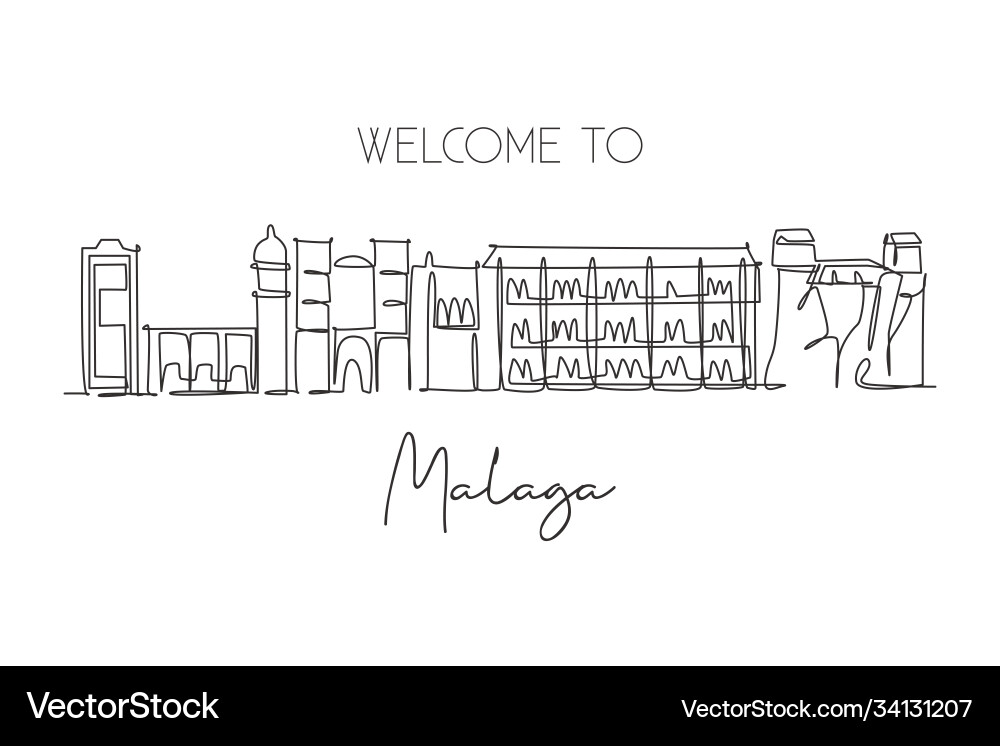 One continuous line drawing malaga city skyline Vector Image