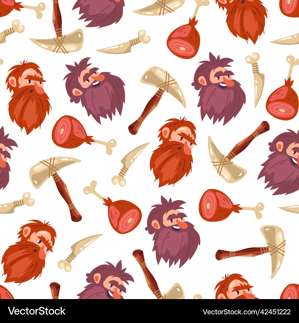 Caveman with meat food and weapon seamless pattern