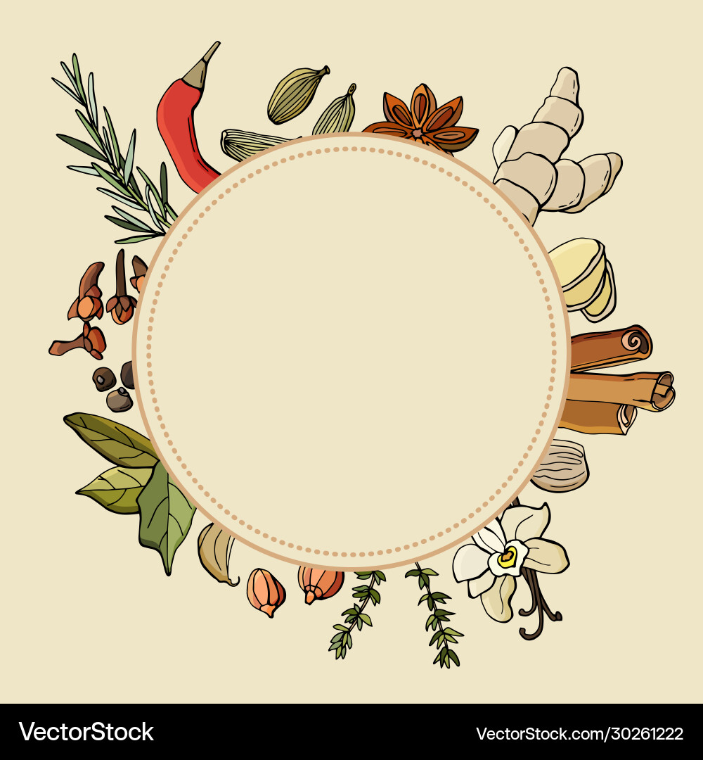 Herbs and spices with circle fram background Vector Image