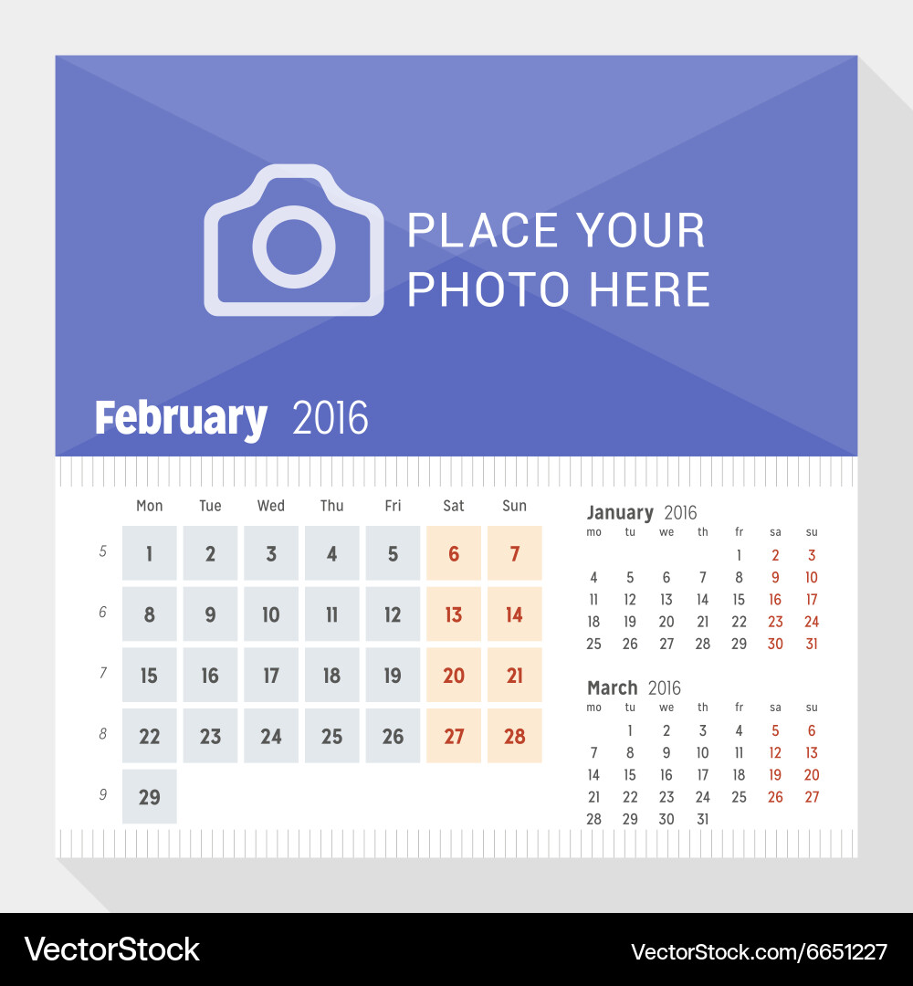 February 2016 desk calendar for 2016 year week Vector Image