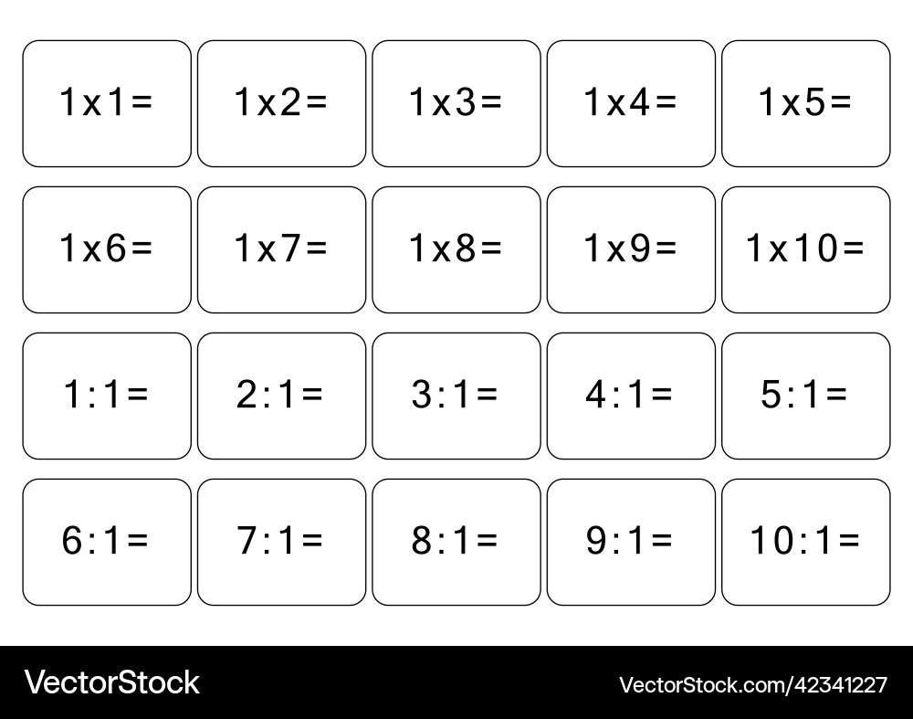 Multiplication and division table of 1 maths card Vector Image