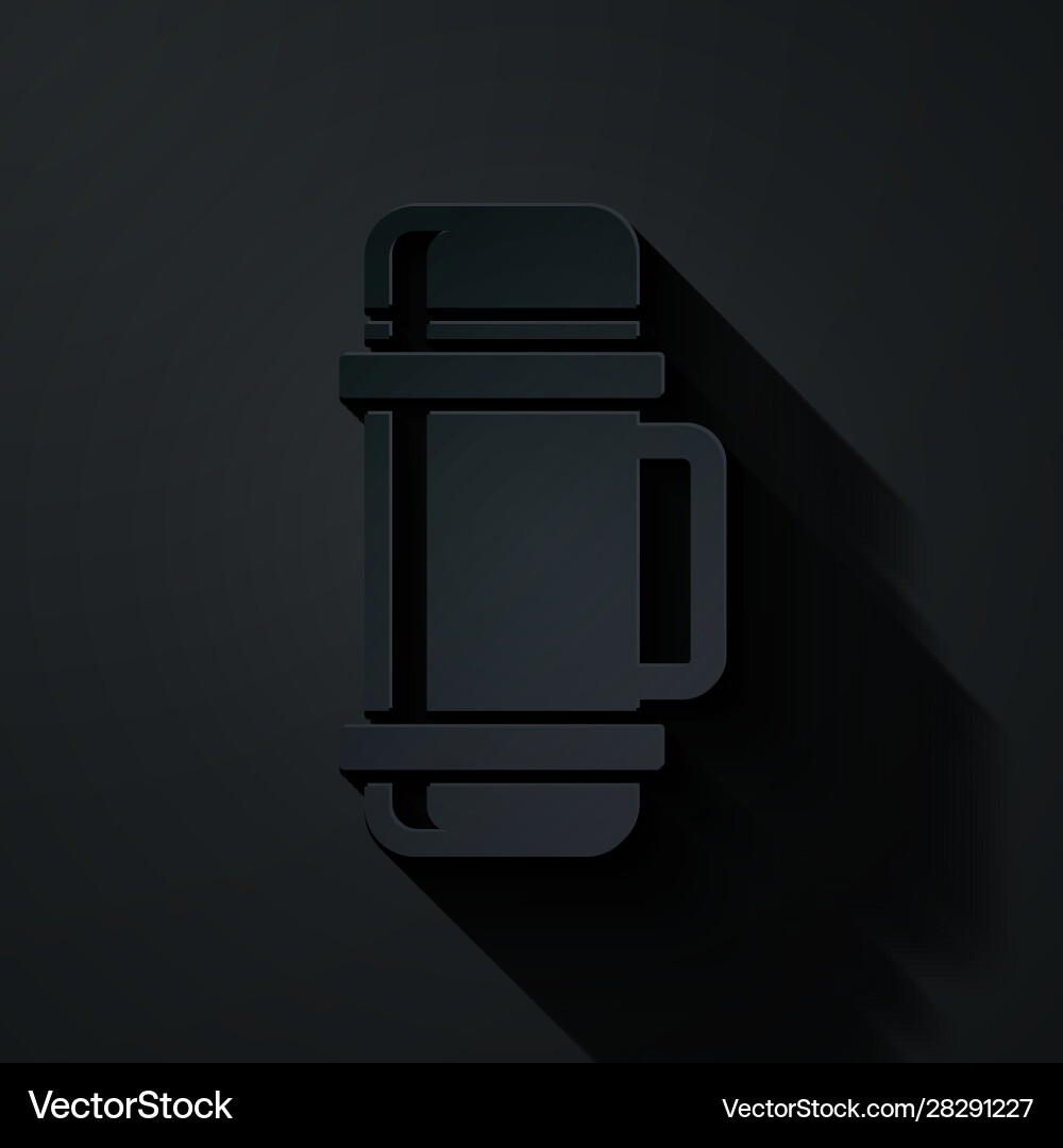 Paper cut thermos container icon isolated on black