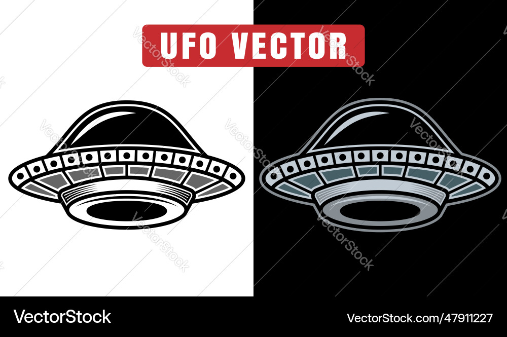 Ufo in two styles black on white and colored Vector Image