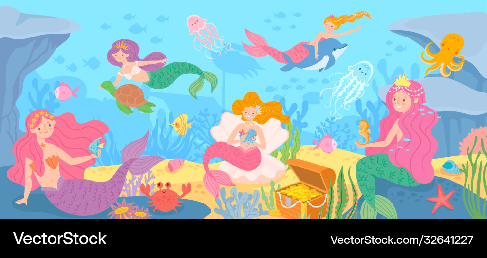 Underwater with mermaids seabed with mythical Vector Image