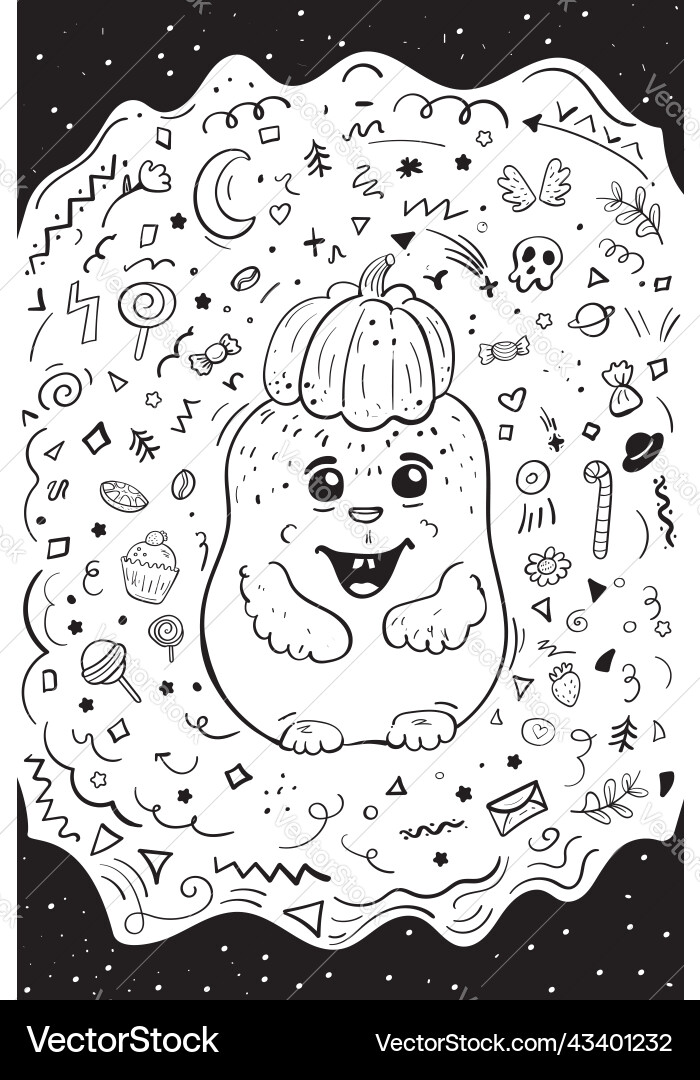 Cute monster with a pumpkin on its head doodle Vector Image