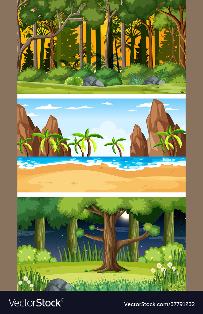 Set different forest horizontal scenes Royalty Free Vector