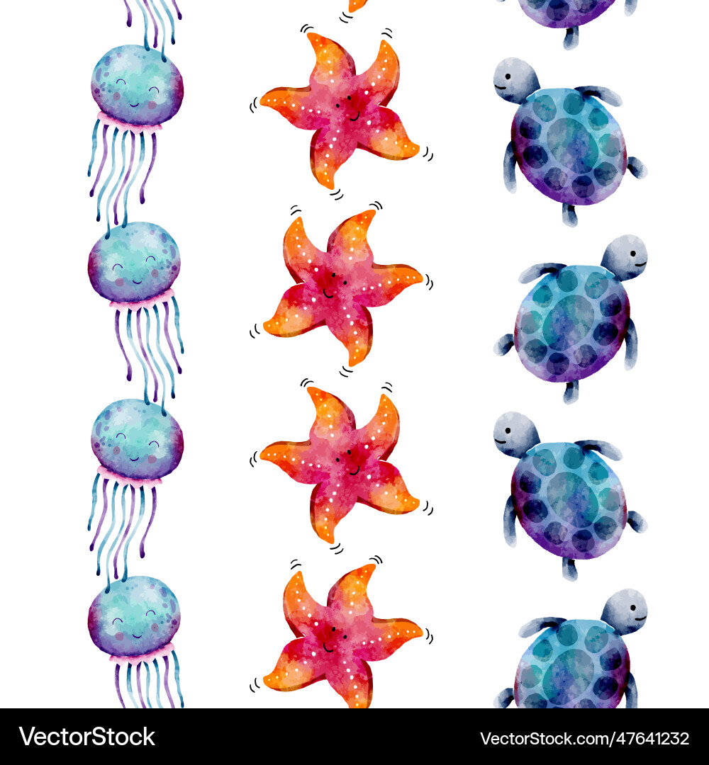 Watercolor sea animals vertical seamless borders Vector Image