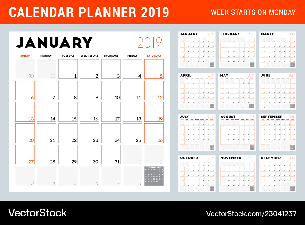 Calendar planner for 2019 year week starts on Vector Image