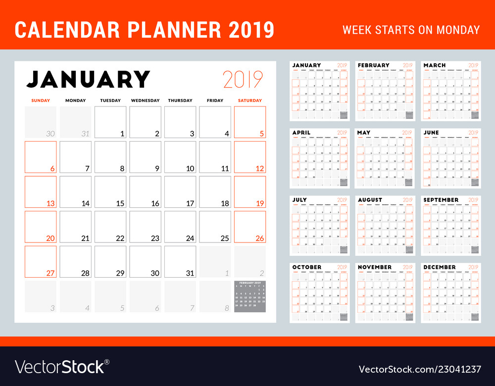Calendar planner for 2019 year week starts Vector Image