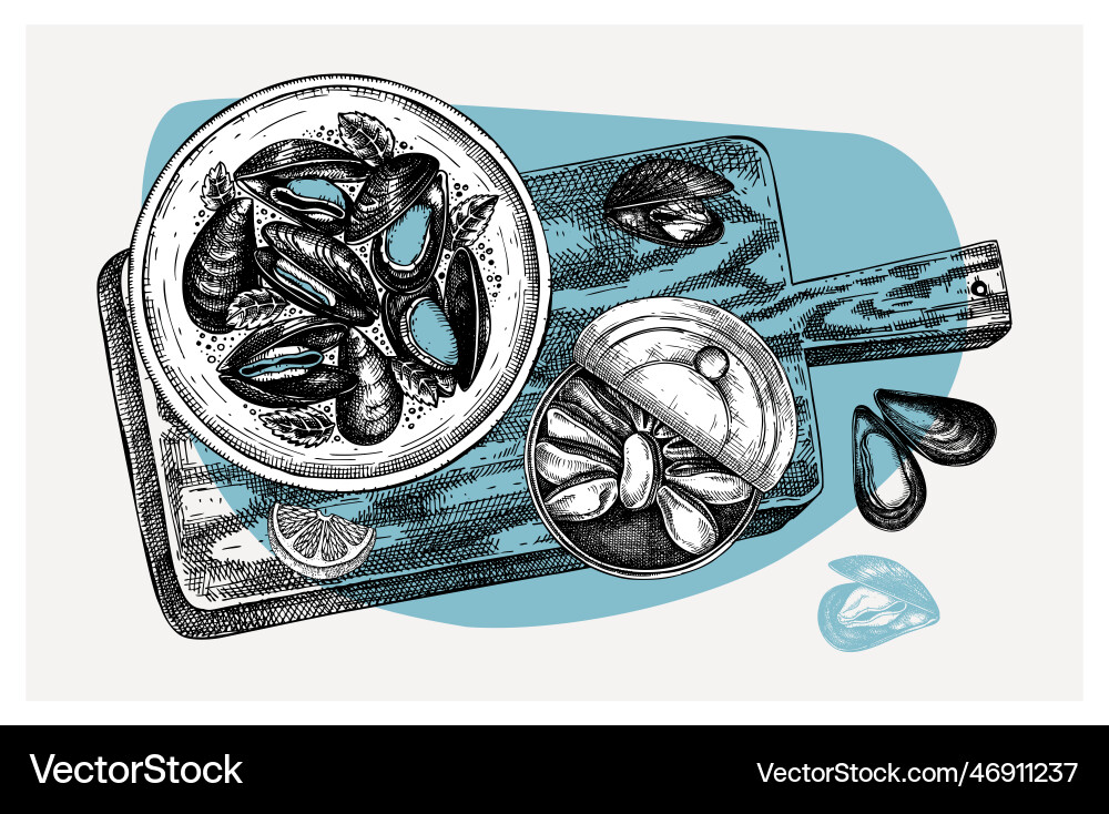 Cooked mussels with herbs on plate shellfish and Vector Image