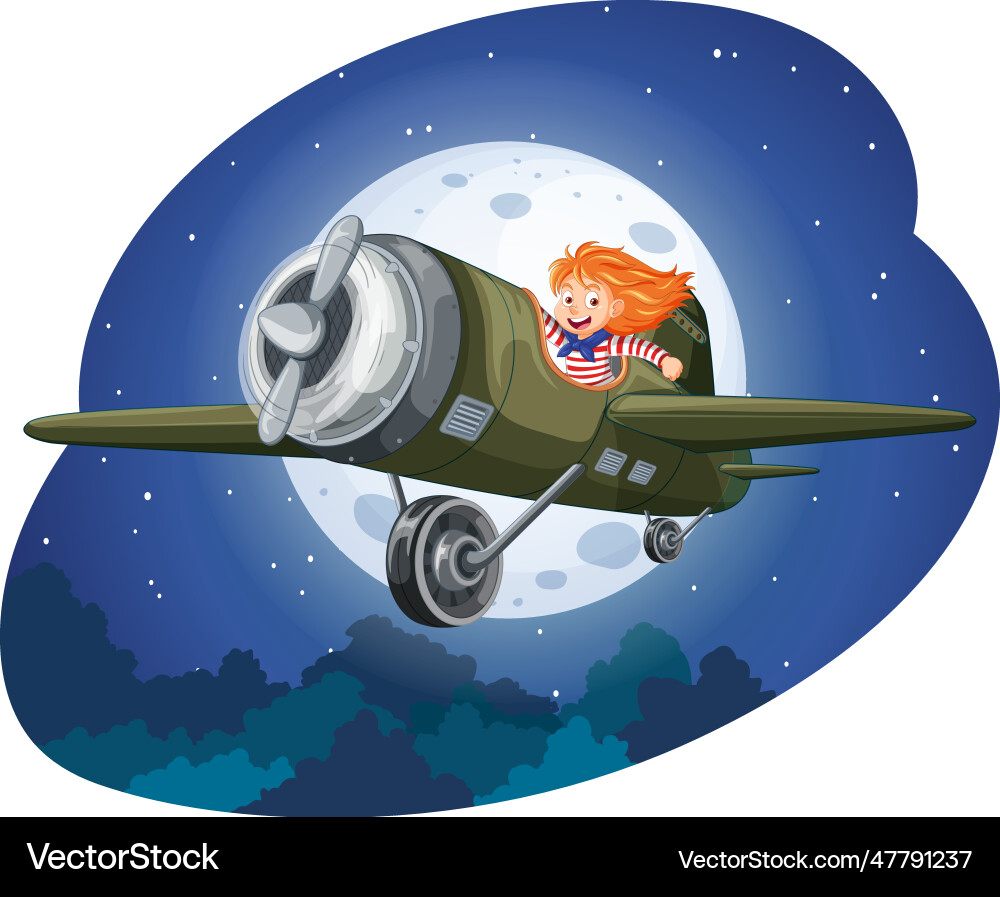 Happy girl riding a plane at night Royalty Free Vector Image