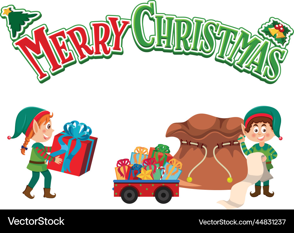Merry christmas text with elves cartoon character Vector Image