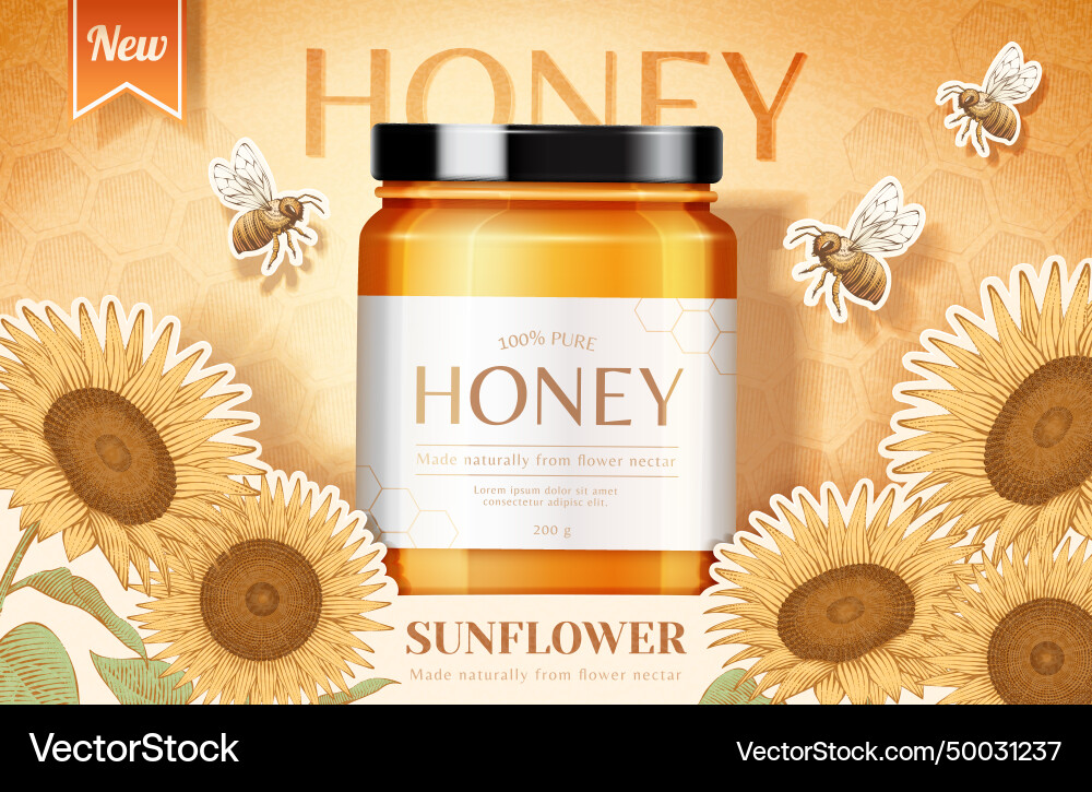 Retro styled sunflower honey ad Royalty Free Vector Image